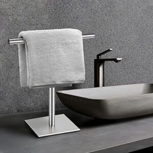 Hand Towel Holder, Stainless Steel Hand Towel Stand T-Shaped Silver Brushed Finish Freestanding Rack for Bathroom Kitchen Countertop with Square Base