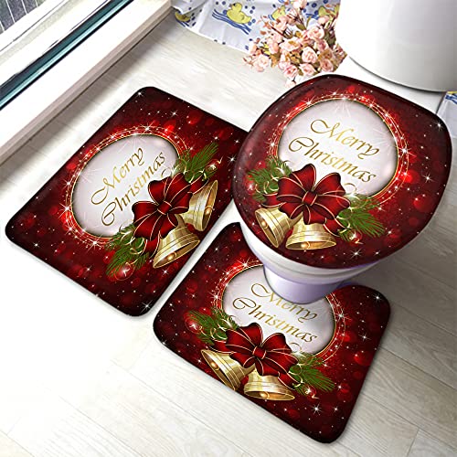 Wondertify Christmas Bells Bathroom Antiskid Pad Bow and Snowflakes 3 Pieces Bathroom Rugs Set, Bath Mat+Contour+Toilet Lid Cover Red Gold Green