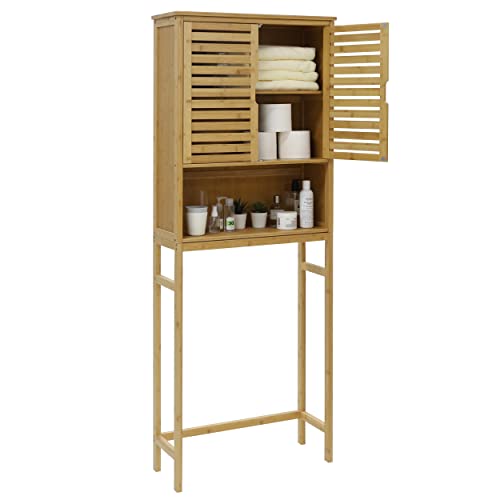 MUPATER Bathroom Over-The-Toilet Storage Cabinet with Doors and Shelves, Bamboo Over Toilet Organizer, Freestanding Tall Space Saver Toilet Rack, Natural Wood