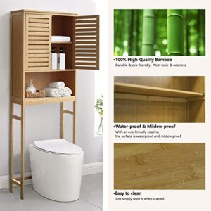 MUPATER Bathroom Over-The-Toilet Storage Cabinet with Doors and Shelves, Bamboo Over Toilet Organizer, Freestanding Tall Space Saver Toilet Rack, Natural Wood