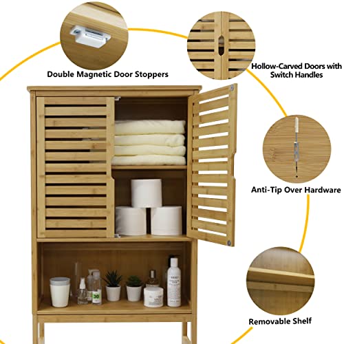 MUPATER Bathroom Over-The-Toilet Storage Cabinet with Doors and Shelves, Bamboo Over Toilet Organizer, Freestanding Tall Space Saver Toilet Rack, Natural Wood