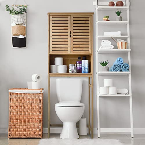 MUPATER Bathroom Over-The-Toilet Storage Cabinet with Doors and Shelves, Bamboo Over Toilet Organizer, Freestanding Tall Space Saver Toilet Rack, Natural Wood