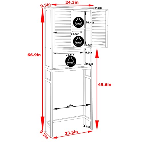 MUPATER Bathroom Over-The-Toilet Storage Cabinet with Doors and Shelves, Bamboo Over Toilet Organizer, Freestanding Tall Space Saver Toilet Rack, Natural Wood