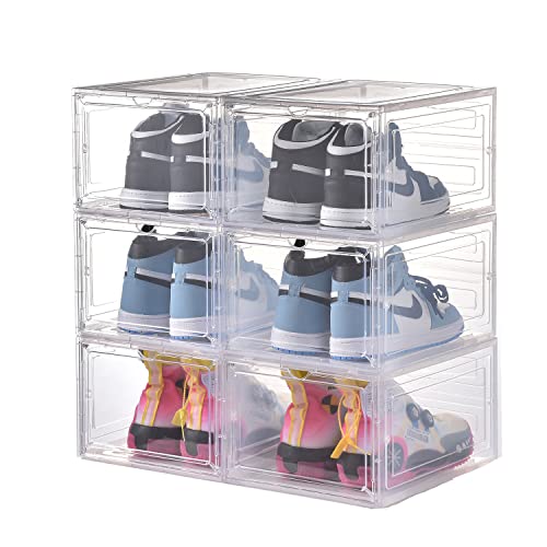 Kenyatta Shoe Storage,6 Pack Shoe Boxes Clear Plastic Stackable,Shoe Organize,(Black) For Sneaker Display,Easy Assembly,Fit up to US Size 12(13.4”x 10.6”x 7.4”), (Clear)