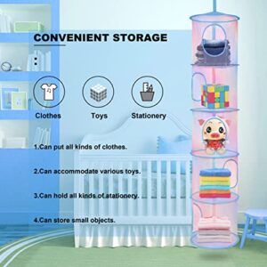 2Pcs Hanging Mesh Space Saver Bags Organizer, Foldable Stuffed Animal Storage Organizer 5 Compartments Toy Storage Organizer for Kid Room Toys, Gloves,Hats,Socks Storage Rainbow