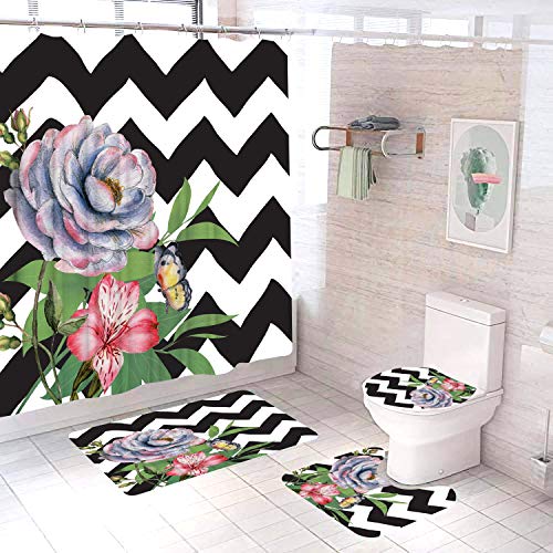 4 Pcs Floral Shower Curtain Sets with Rugs,Non-Slip Bathroom Rugs,Toilet Lid Cover and Bath Mat for Bathroom with 12Hooks,Black and White Stripes Flower Shower Curtain