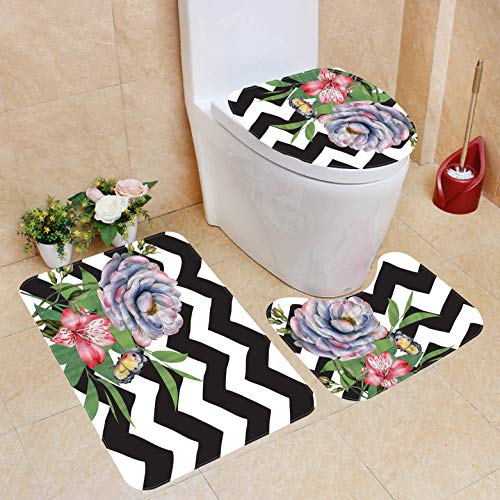 4 Pcs Floral Shower Curtain Sets with Rugs,Non-Slip Bathroom Rugs,Toilet Lid Cover and Bath Mat for Bathroom with 12Hooks,Black and White Stripes Flower Shower Curtain