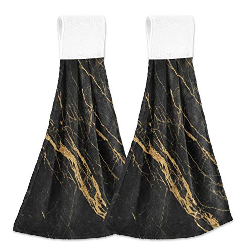 Alaza Black Marble with Golden Veins Kitchen Towels with Hanging Loop Absorbent & Fast Drying Dishtowels Set of 2