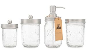 jarmazing products ball mason jar bathroom gift set (4 pcs) - lotion/soap dispenser, toothbrush holder, q-tip storage jars - farmhouse home decor for vanity organization - stainless steel