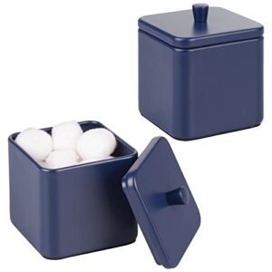 mdesign small metal square bathroom apothecary storage organizer canister jars with lid - organization holders for vanity, makeup tables - unity collection, 2 pack - navy blue