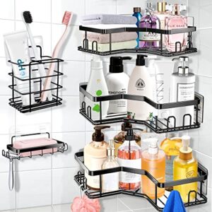 wiqeerilly corner shower caddy, adhesive bathroom shower organizer with 22 hooks, 304 stainless steel rustproof shower shelf for inside shower & kitchen storage - 5 pack (matte black)