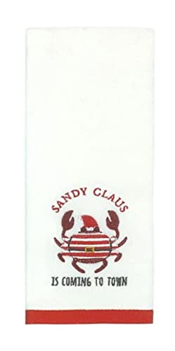 Pam's Glam White Embroidered Beachy Hand Towel Sandy Claws is Coming to Town- Coastal Christmas Decor 25 x 16 Inches