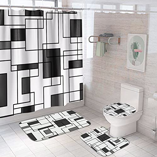 GRIEKOWE 4 Pcs Black Shower Curtain Set with Rugs-Black and White Shower Curtain,Bathroom Sets with Shower Curtain and Rugs (Black)