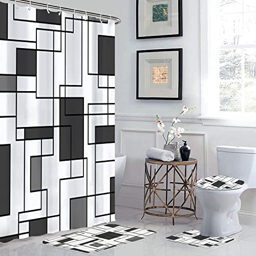 GRIEKOWE 4 Pcs Black Shower Curtain Set with Rugs-Black and White Shower Curtain,Bathroom Sets with Shower Curtain and Rugs (Black)