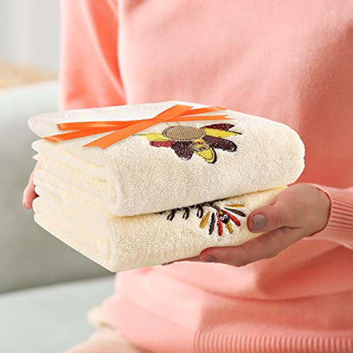 Quera 2 Pack Turkey Thanksgiving Hand Towels Embroidered Premium Luxury Decor Fall Bathroom Decorative Dish Set for Drying, Cleaning, Cooking, Autumn 13.7'' x 29.5'',White,Gobble til You Wobble