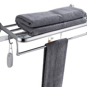 ELLO&ALLO Stainless Steel Towel Rack Shelf for Bathroom, Double Towel Bar Holder with Hooks Wall Mounted Brushed Nickel