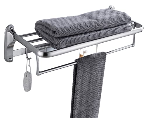 ELLO&ALLO Stainless Steel Towel Rack Shelf for Bathroom, Double Towel Bar Holder with Hooks Wall Mounted Brushed Nickel