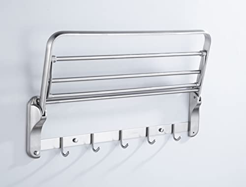 ELLO&ALLO Stainless Steel Towel Rack Shelf for Bathroom, Double Towel Bar Holder with Hooks Wall Mounted Brushed Nickel