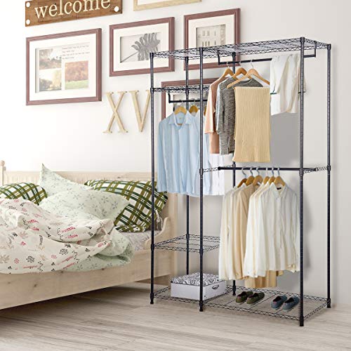 S AFSTAR Safstar Clothing Garment Rack Heavy Duty Wire Shelving Closet Clothes Stand Rack Double Rod Wardrobe Metal Storage Rack Freestanding Cloth Armoire Organizer (1 Pack)