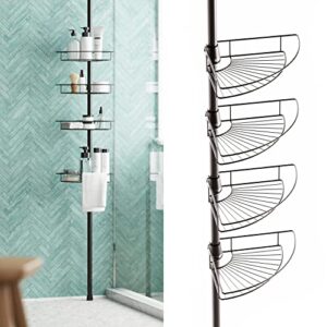 zenna home rust-resistant corner shower caddy for bathroom, 4 adjustable shelves and towel bar, with tension pole, for bath and shower storage, 60-97 inch, bronze