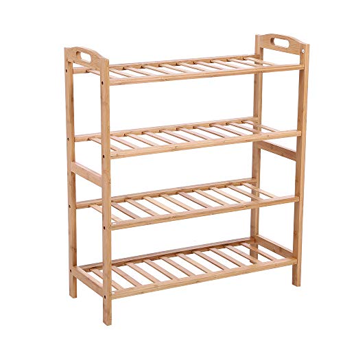 KKTONER Bamboo Wood Shoe Rack with Handle 4 Tier 12 Pairs Shoe Shelf Storage Organizer Free Standing Natural Color