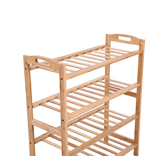 KKTONER Bamboo Wood Shoe Rack with Handle 4 Tier 12 Pairs Shoe Shelf Storage Organizer Free Standing Natural Color