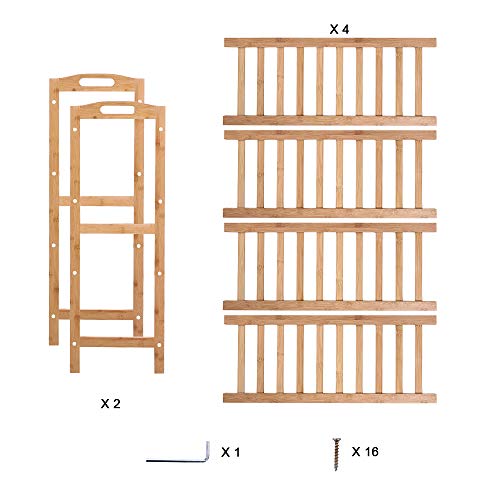 KKTONER Bamboo Wood Shoe Rack with Handle 4 Tier 12 Pairs Shoe Shelf Storage Organizer Free Standing Natural Color