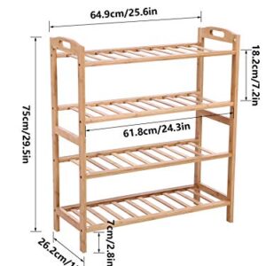 KKTONER Bamboo Wood Shoe Rack with Handle 4 Tier 12 Pairs Shoe Shelf Storage Organizer Free Standing Natural Color