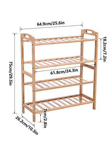 KKTONER Bamboo Wood Shoe Rack with Handle 4 Tier 12 Pairs Shoe Shelf Storage Organizer Free Standing Natural Color