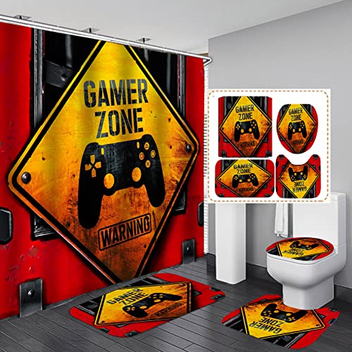 CERYUEE Gaming Shower Curtain Set with Rugs for Bathroom Decor Video Games Gamepad Bath Curtains for Kids Boys Red & Orange, 72x72 inch