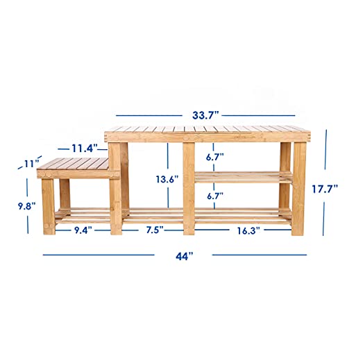 Clevr 44" Extra Large 3-Tier Natural Bamboo Shoe Rack Bench, with Storage Drawer on Top on Top, Entryway Shoe Organizer Seat Storage Shelf Hallway Furniture