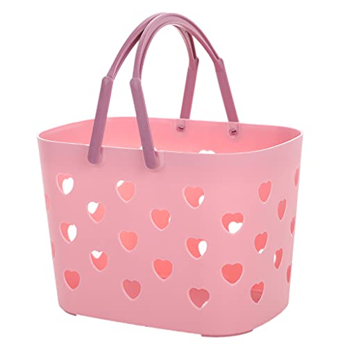 SHUANGSHI Shower Caddy Tote, Portable Shower Caddy Tote Heart Shaped Hollow Plastic Storage Basket with Handle Box Organizer Bin - Pink