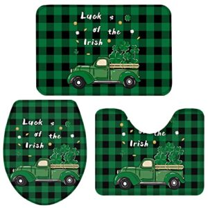 fancyine st. patrick's day truck 3 pieces bath rugs sets soft non-slip absorbent toilet seat cover green black buffalo plaid u-shaped toilet mat bathroom mats set-irish lucky clover gold coin