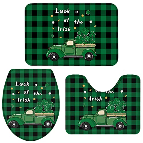 Fancyine St. Patrick's Day Truck 3 Pieces Bath Rugs Sets Soft Non-Slip Absorbent Toilet Seat Cover Green Black Buffalo Plaid U-Shaped Toilet Mat Bathroom Mats Set-Irish Lucky Clover Gold Coin