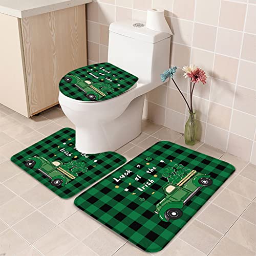 Fancyine St. Patrick's Day Truck 3 Pieces Bath Rugs Sets Soft Non-Slip Absorbent Toilet Seat Cover Green Black Buffalo Plaid U-Shaped Toilet Mat Bathroom Mats Set-Irish Lucky Clover Gold Coin