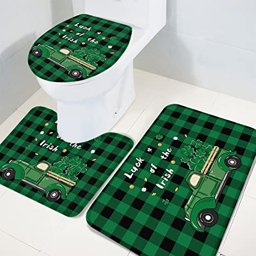 Fancyine St. Patrick's Day Truck 3 Pieces Bath Rugs Sets Soft Non-Slip Absorbent Toilet Seat Cover Green Black Buffalo Plaid U-Shaped Toilet Mat Bathroom Mats Set-Irish Lucky Clover Gold Coin