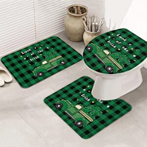 Fancyine St. Patrick's Day Truck 3 Pieces Bath Rugs Sets Soft Non-Slip Absorbent Toilet Seat Cover Green Black Buffalo Plaid U-Shaped Toilet Mat Bathroom Mats Set-Irish Lucky Clover Gold Coin