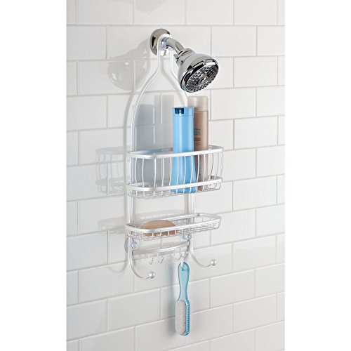 iDesign - 61974 York Metal Wire Hanging Shower Caddy, Extra Wide Space for Shampoo, Conditioner, and Soap with Hooks for Razors, Towels, and More, 10" x 4" x 22", Pearl White