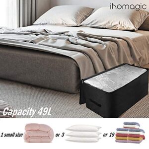 IHOMAGIC Under-bed Storage Bag, Zippered Storage Organizer with Side Handles, Moisture Proof Large Under Bed Clothes Storage Bag with Clear Pocket to Insert Label, for Bedroom Closet (Black 49L, S)