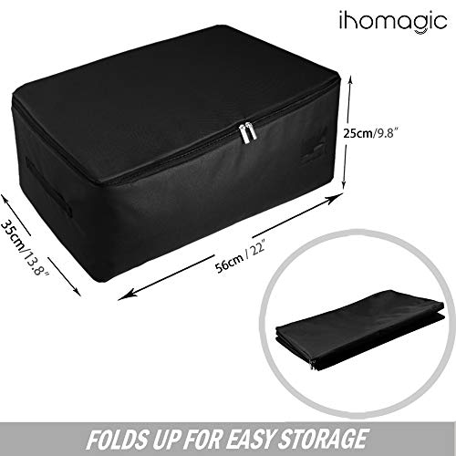 IHOMAGIC Under-bed Storage Bag, Zippered Storage Organizer with Side Handles, Moisture Proof Large Under Bed Clothes Storage Bag with Clear Pocket to Insert Label, for Bedroom Closet (Black 49L, S)