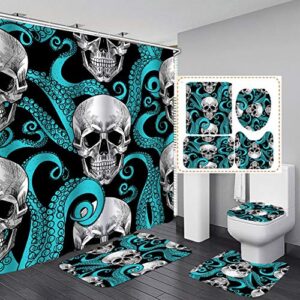 lxhg 4 pcs skull pattern shower curtain set with bath rugs and mat, toilet lid cover, 12 hooks, bathroom sets with shower curtain and rugs,blue