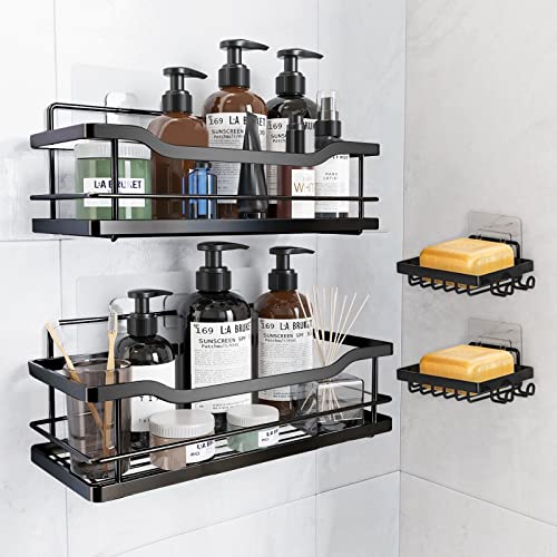 Lirches Adhesive Shower Caddy - 4 Packs Black Shower Shelves, No Drilling Shower Caddy Hanging, Rustproof Stainless Steel Bathroom Storage Organizer, Shower Shelf for Inside Shower