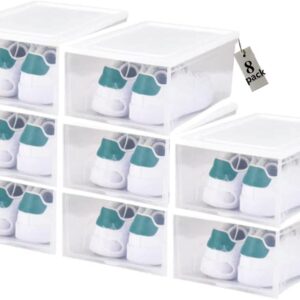 Yagizaai Bayou Shoe Boxes Clear Plastic Stackable, 8 PCS Heavy Duty Shoe Boxes, Clear Shoe Boxes with Lids Stackable, Easy to Assemble for Size Up to 10