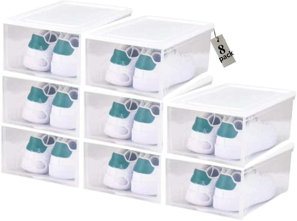 Yagizaai Bayou Shoe Boxes Clear Plastic Stackable, 8 PCS Heavy Duty Shoe Boxes, Clear Shoe Boxes with Lids Stackable, Easy to Assemble for Size Up to 10