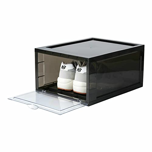 SneakNeat Sneaker Storage Container - 10 Pack, Durable Shoe Box Set with Drop Front Door - Store Up to Men's USA Size 13 - Free Standing Stackable Household Organizer - Stores, Protects, Displays Shoe Collection (Black)