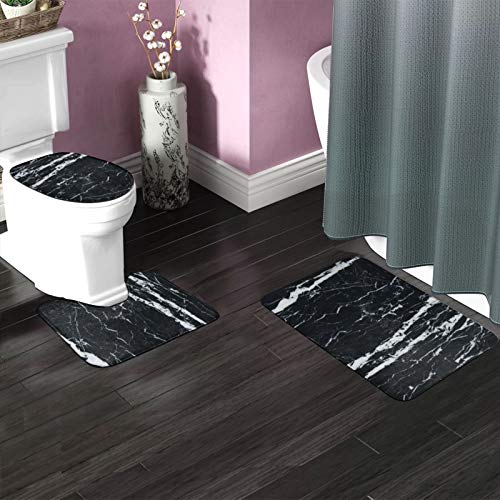 FORSJHSA Black and White Marble Bathroom Rugs Set 3 Piece Non Slip Bath Mat + U-Shaped Contour + Toilet Lid Cover Absorbent Bath Mat Set for Tub, Shower and Bathroom One Size