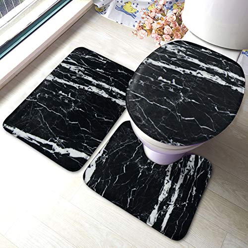 FORSJHSA Black and White Marble Bathroom Rugs Set 3 Piece Non Slip Bath Mat + U-Shaped Contour + Toilet Lid Cover Absorbent Bath Mat Set for Tub, Shower and Bathroom One Size