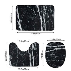 FORSJHSA Black and White Marble Bathroom Rugs Set 3 Piece Non Slip Bath Mat + U-Shaped Contour + Toilet Lid Cover Absorbent Bath Mat Set for Tub, Shower and Bathroom One Size