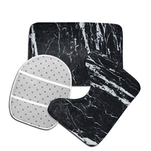 FORSJHSA Black and White Marble Bathroom Rugs Set 3 Piece Non Slip Bath Mat + U-Shaped Contour + Toilet Lid Cover Absorbent Bath Mat Set for Tub, Shower and Bathroom One Size