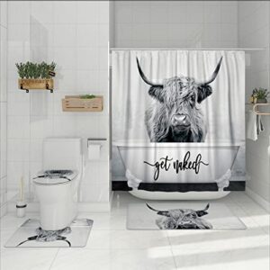 DESIHOM 4PCS Highland Cow Shower Curtain Set, Farmhouse Bathroom Sets with Shower Curtain, Non-Slip Rugs and Toilet Lid Cover, Western Rustic Bathroom Decor Accessories